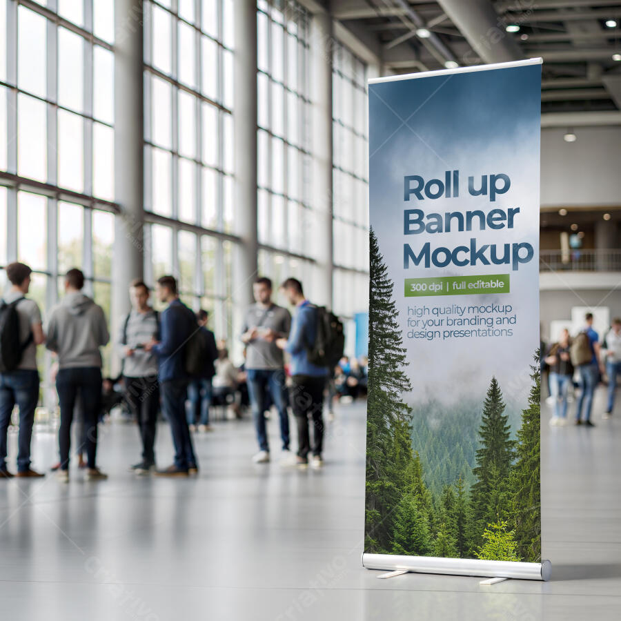 Mockup Realista de Roll Up Banner Vertical em Lobby Moderno de Evento ...